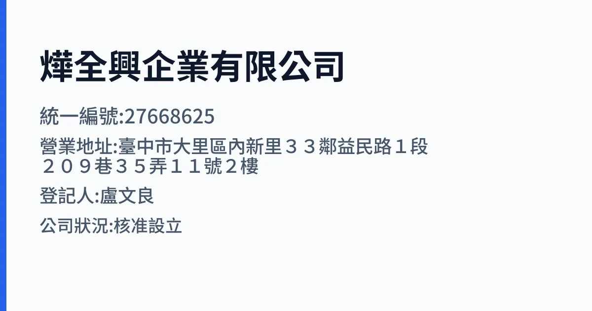燁全興企業有限公司 - 統編 27668625(臺中市) 公司登記資料與營業項目詳細圖表