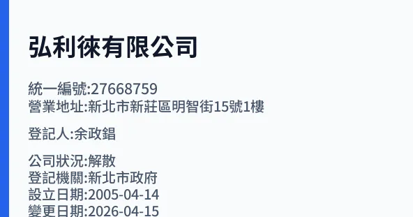 弘利徠有限公司的照片-統編 27668759(新北市) 公司登記資料與營業項目詳細圖表
