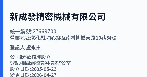 新成發精密機械有限公司的照片-統編 27669700(彰化縣) 公司登記資料與營業項目詳細圖表