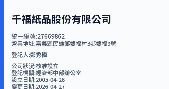 千福紙品股份有限公司的照片-統編 27669862(嘉義縣) 公司登記資料與營業項目詳細圖表