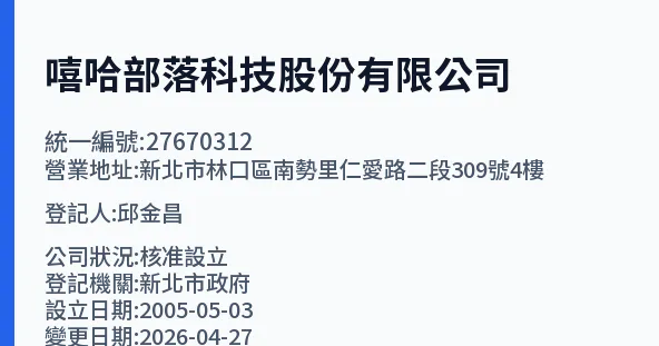 嘻哈部落科技股份有限公司的照片-統編 27670312(新北市) 公司登記資料與營業項目詳細圖表