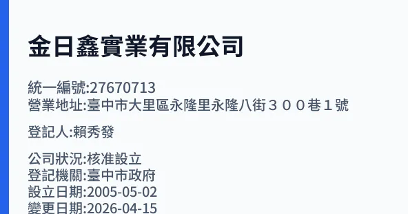 金日鑫實業有限公司的照片-統編 27670713(臺中市) 公司登記資料與營業項目詳細圖表