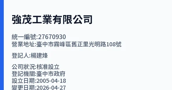 強茂工業有限公司的照片-統編 27670930(臺中市) 公司登記資料與營業項目詳細圖表