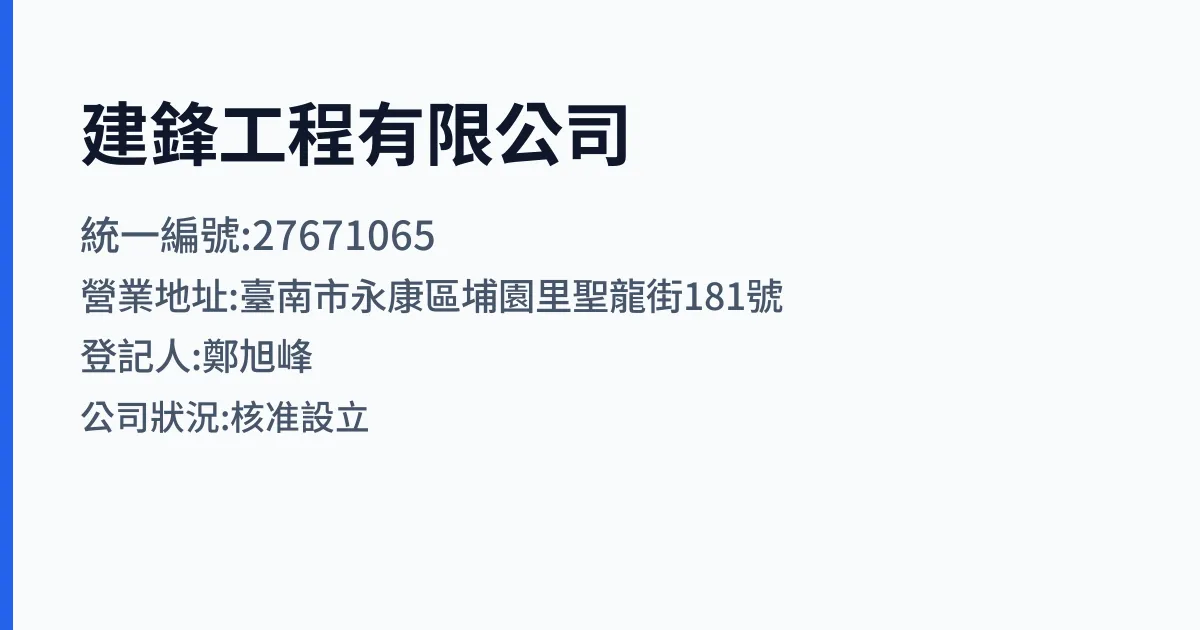 建鋒工程有限公司 - 統編 27671065(臺南市) 公司登記資料與營業項目詳細圖表