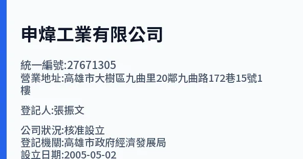 申煒工業有限公司的照片-統編 27671305(高雄市) 公司登記資料與營業項目詳細圖表