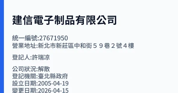 建信電子制品有限公司的照片-統編 27671950(新北市) 公司登記資料與營業項目詳細圖表