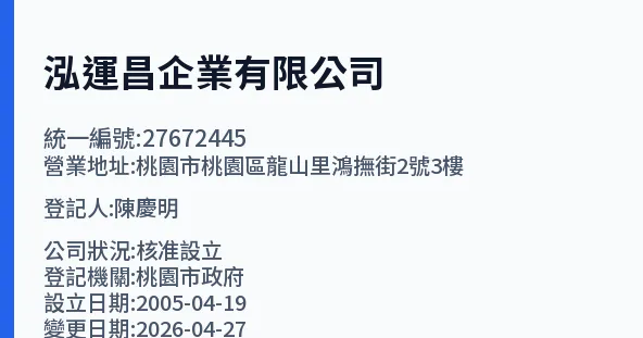泓運昌企業有限公司的照片-統編 27672445(桃園市) 公司登記資料與營業項目詳細圖表