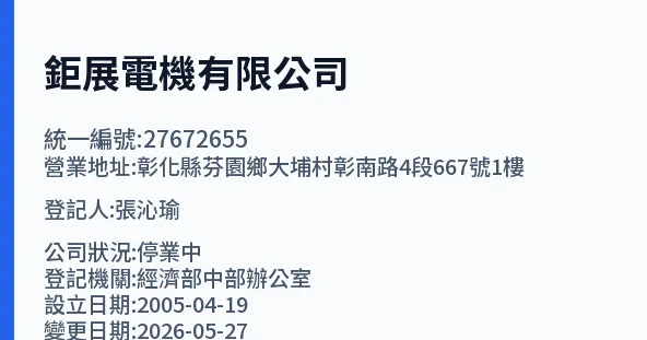 鉅展電機有限公司的照片-統編 27672655(彰化縣) 公司登記資料與營業項目詳細圖表