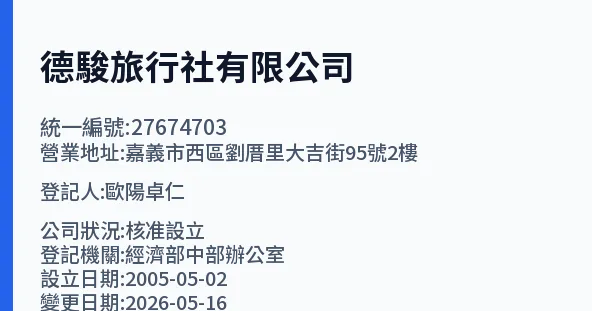 德駿旅行社有限公司的照片-統編 27674703(嘉義市) 公司登記資料與營業項目詳細圖表