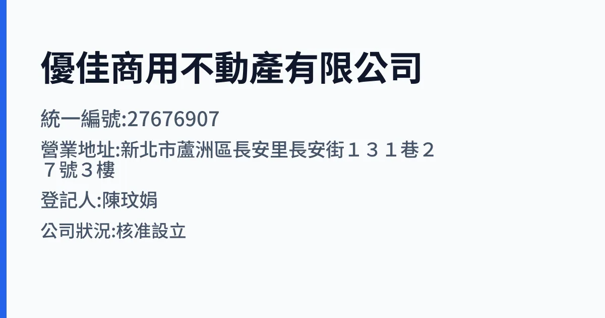 優佳商用不動產有限公司 - 統編 27676907(新北市) 公司登記資料與營業項目詳細圖表