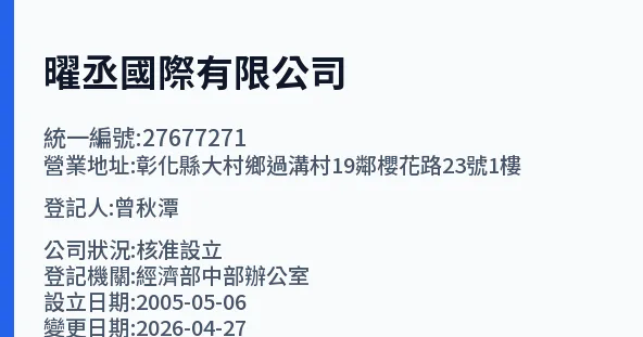 曜丞國際有限公司的照片-統編 27677271(彰化縣) 公司登記資料與營業項目詳細圖表