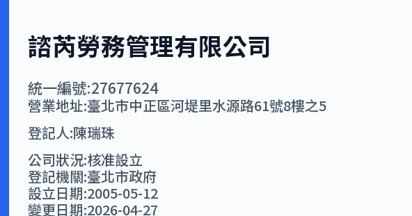 諮芮勞務管理有限公司的照片-統編 27677624(臺北市) 公司登記資料與營業項目詳細圖表