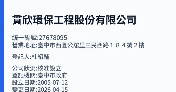 貫欣環保工程股份有限公司的照片-統編 27678095(臺中市) 公司登記資料與營業項目詳細圖表