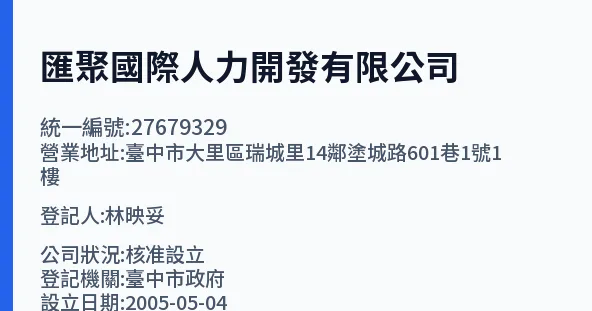 匯聚國際人力開發有限公司的照片-統編 27679329(臺中市) 公司登記資料與營業項目詳細圖表