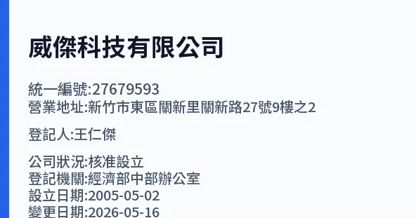 威傑科技有限公司的照片-統編 27679593(新竹市) 公司登記資料與營業項目詳細圖表