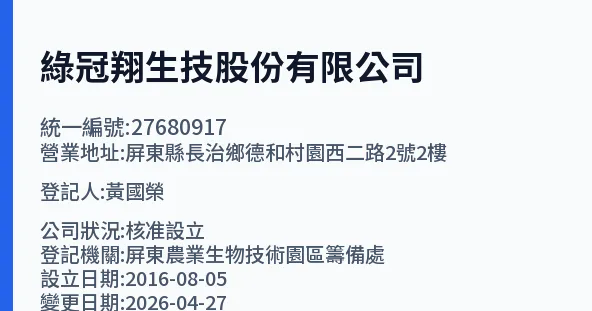 綠冠翔生技股份有限公司的照片-統編 27680917(屏東縣) 公司登記資料與營業項目詳細圖表