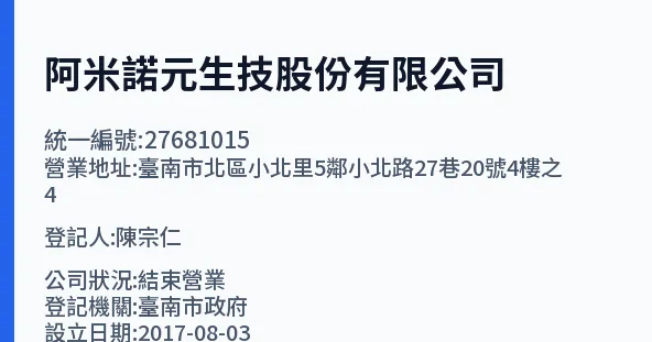 阿米諾元生技股份有限公司的照片-統編 27681015(臺南市) 公司登記資料與營業項目詳細圖表