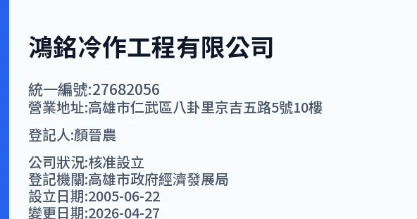 鴻銘冷作工程有限公司的照片-統編 27682056(高雄市) 公司登記資料與營業項目詳細圖表