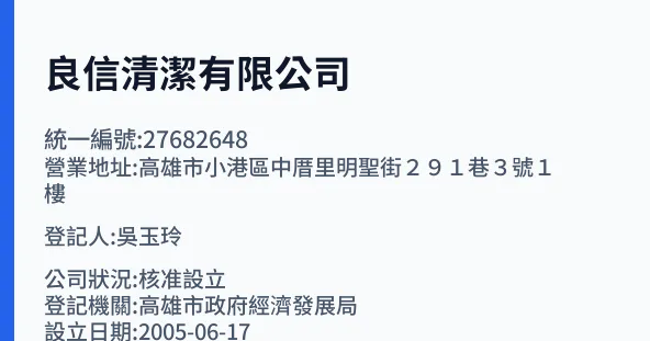 良信清潔有限公司的照片-統編 27682648(高雄市) 公司登記資料與營業項目詳細圖表