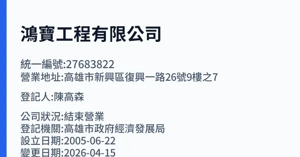 鴻寶工程有限公司的照片-統編 27683822(高雄市) 公司登記資料與營業項目詳細圖表