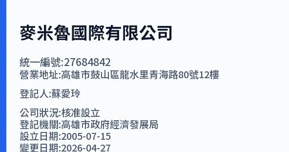 麥米魯國際有限公司的照片-統編 27684842(高雄市) 公司登記資料與營業項目詳細圖表