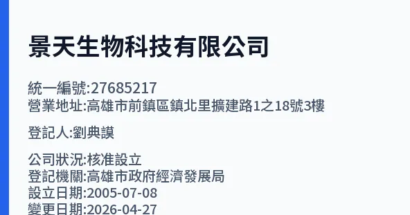 景天生物科技有限公司的照片-統編 27685217(高雄市) 公司登記資料與營業項目詳細圖表