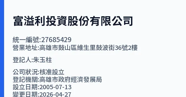 富溢利投資股份有限公司的照片-統編 27685429(高雄市) 公司登記資料與營業項目詳細圖表