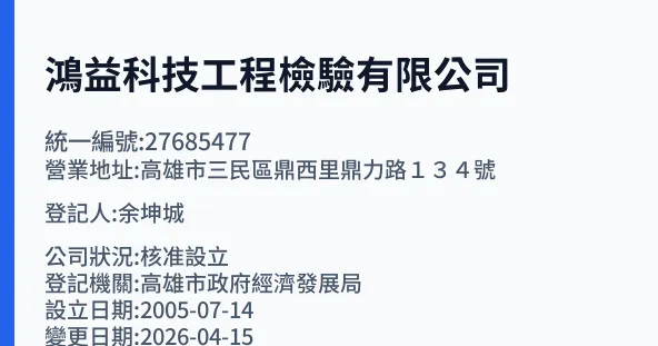 鴻益科技工程檢驗有限公司的照片-統編 27685477(高雄市) 公司登記資料與營業項目詳細圖表