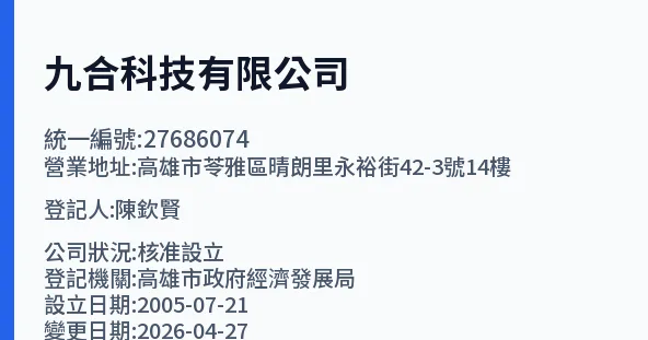 九合科技有限公司的照片-統編 27686074(高雄市) 公司登記資料與營業項目詳細圖表