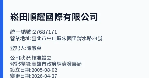 崧田順耀國際有限公司的照片-統編 27687171(臺北市) 公司登記資料與營業項目詳細圖表