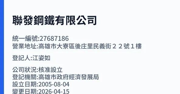 聯發鋼鐵有限公司的照片-統編 27687186(高雄市) 公司登記資料與營業項目詳細圖表