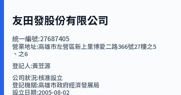 友田發股份有限公司的照片-統編 27687405(高雄市) 公司登記資料與營業項目詳細圖表