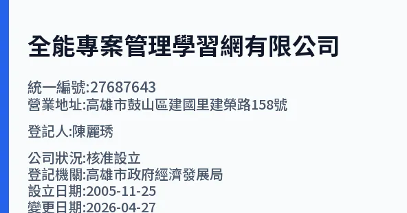 全能專案管理學習網有限公司的照片-統編 27687643(高雄市) 公司登記資料與營業項目詳細圖表