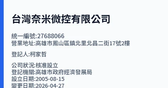 台灣奈米微控有限公司的照片-統編 27688066(高雄市) 公司登記資料與營業項目詳細圖表