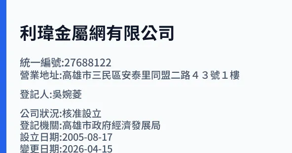 利瑋金屬網有限公司的照片-統編 27688122(高雄市) 公司登記資料與營業項目詳細圖表