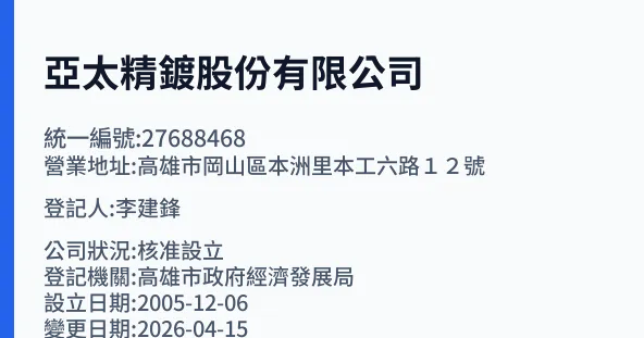 亞太精鍍股份有限公司的照片-統編 27688468(高雄市) 公司登記資料與營業項目詳細圖表