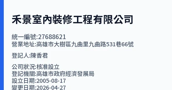 禾景室內裝修工程有限公司的照片-統編 27688621(高雄市) 公司登記資料與營業項目詳細圖表
