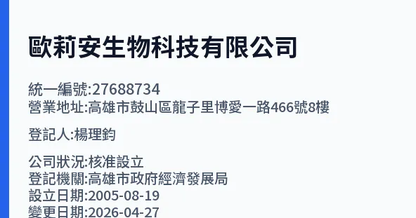 歐莉安生物科技有限公司的照片-統編 27688734(高雄市) 公司登記資料與營業項目詳細圖表