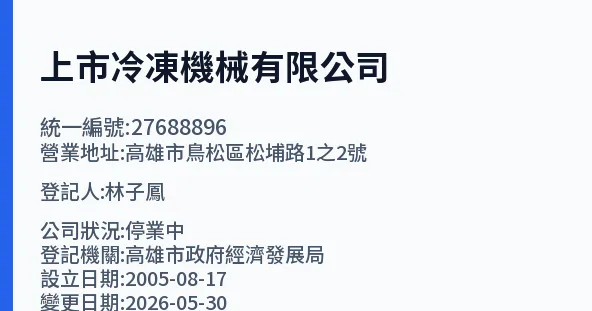 上市冷凍機械有限公司的照片-統編 27688896(高雄市) 公司登記資料與營業項目詳細圖表