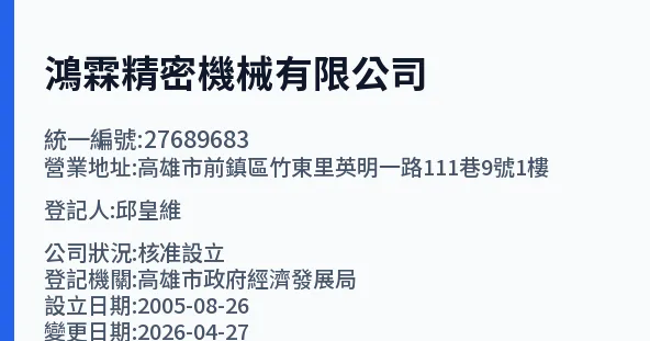 鴻霖精密機械有限公司的照片-統編 27689683(高雄市) 公司登記資料與營業項目詳細圖表