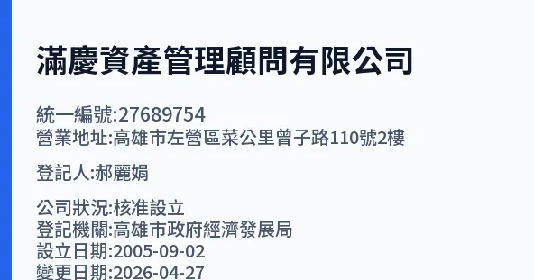 滿慶資產管理顧問有限公司的照片-統編 27689754(高雄市) 公司登記資料與營業項目詳細圖表