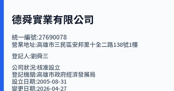 德舜實業有限公司的照片-統編 27690078(高雄市) 公司登記資料與營業項目詳細圖表
