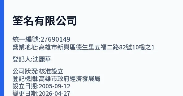 筌名有限公司的照片-統編 27690149(高雄市) 公司登記資料與營業項目詳細圖表