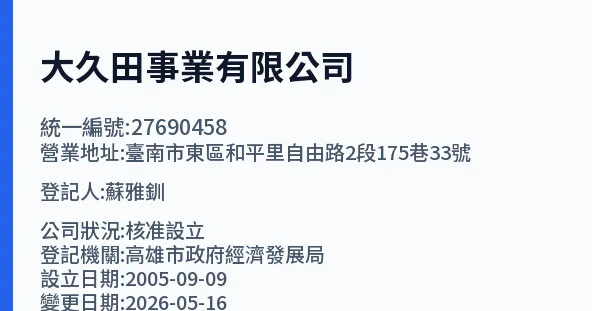 大久田事業有限公司的照片-統編 27690458(臺南市) 公司登記資料與營業項目詳細圖表