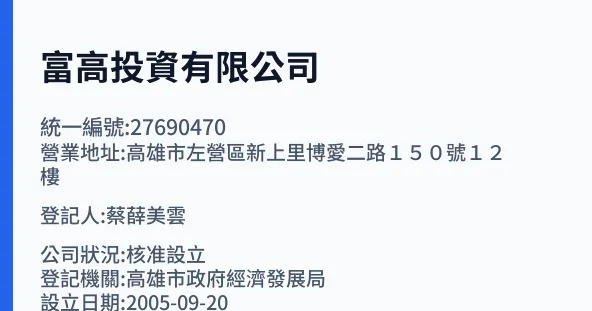 富高投資有限公司的照片-統編 27690470(高雄市) 公司登記資料與營業項目詳細圖表