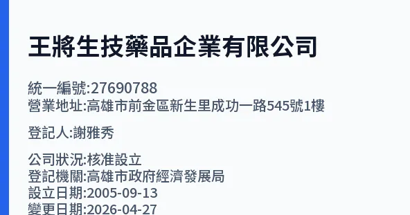 王將生技藥品企業有限公司的照片-統編 27690788(高雄市) 公司登記資料與營業項目詳細圖表