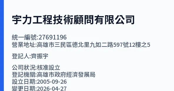 宇力工程技術顧問有限公司的照片-統編 27691196(高雄市) 公司登記資料與營業項目詳細圖表