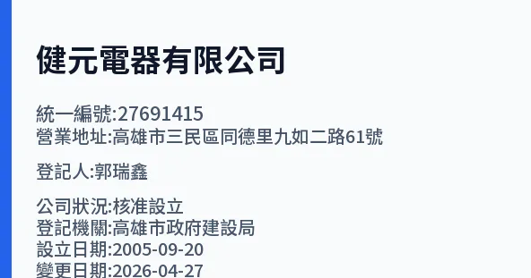 健元電器有限公司的照片-統編 27691415(高雄市) 公司登記資料與營業項目詳細圖表
