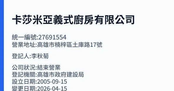 卡莎米亞義式廚房有限公司的照片-統編 27691554(高雄市) 公司登記資料與營業項目詳細圖表