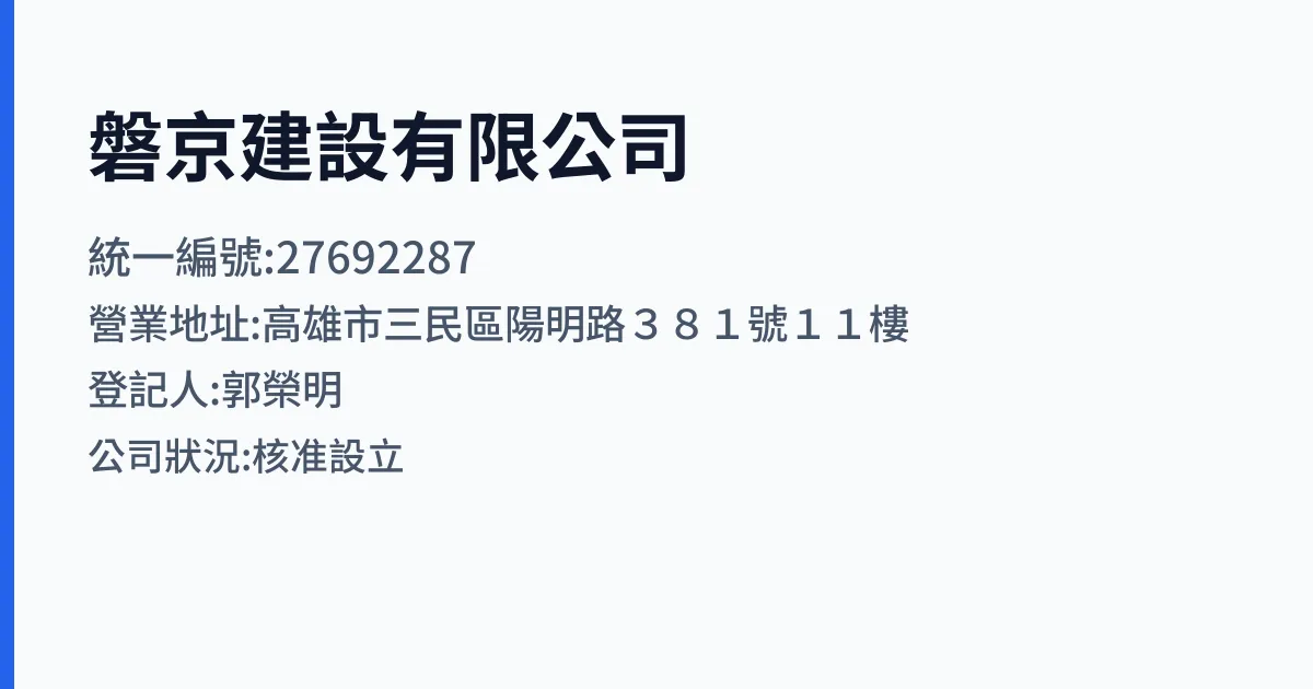 磐京建設有限公司 - 統編 27692287(高雄市) 公司登記資料與營業項目詳細圖表